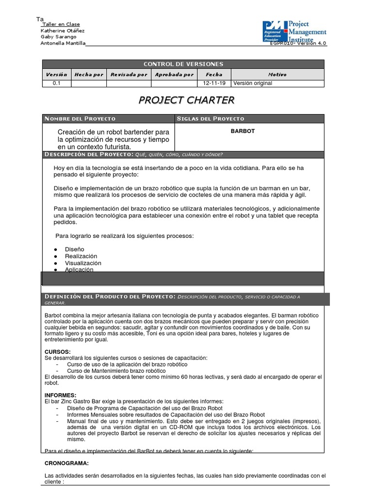 Project Charter Barbot | PDF | Robot | Robótica