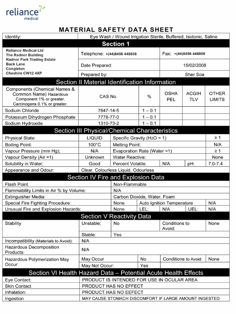 Reliwash Eyewash MSDS Data Sheet | PDF
