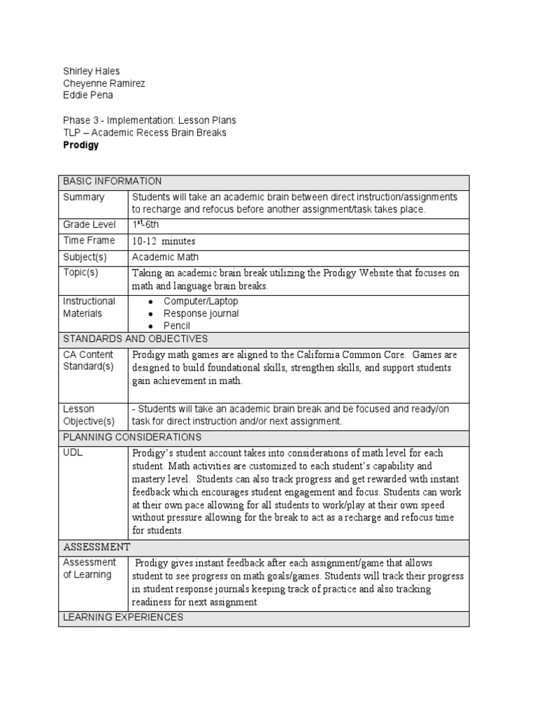 Prodigy Lesson Plan | PDF | Common Core State Standards Initiative ...