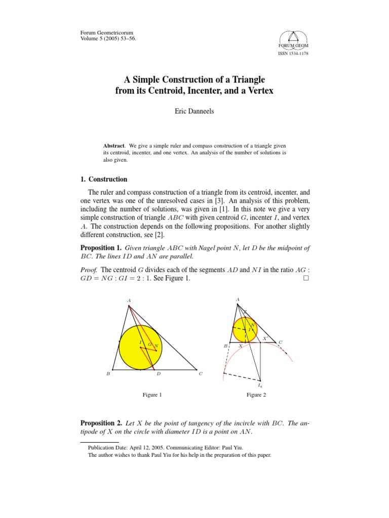 A Simple Construction of A Triangle From Its Centroid, Incenter, and A ...
