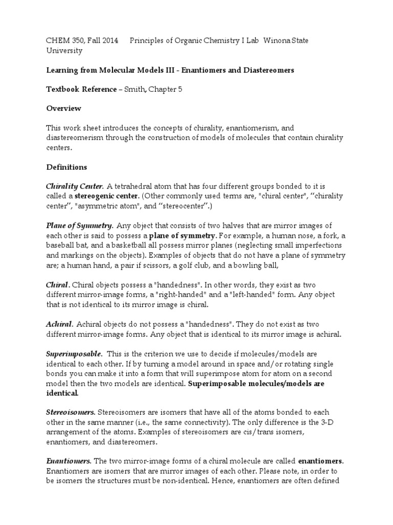 Molecular Modeling Worksheet 3 Enantiomers | PDF | Chirality (Chemistry ...
