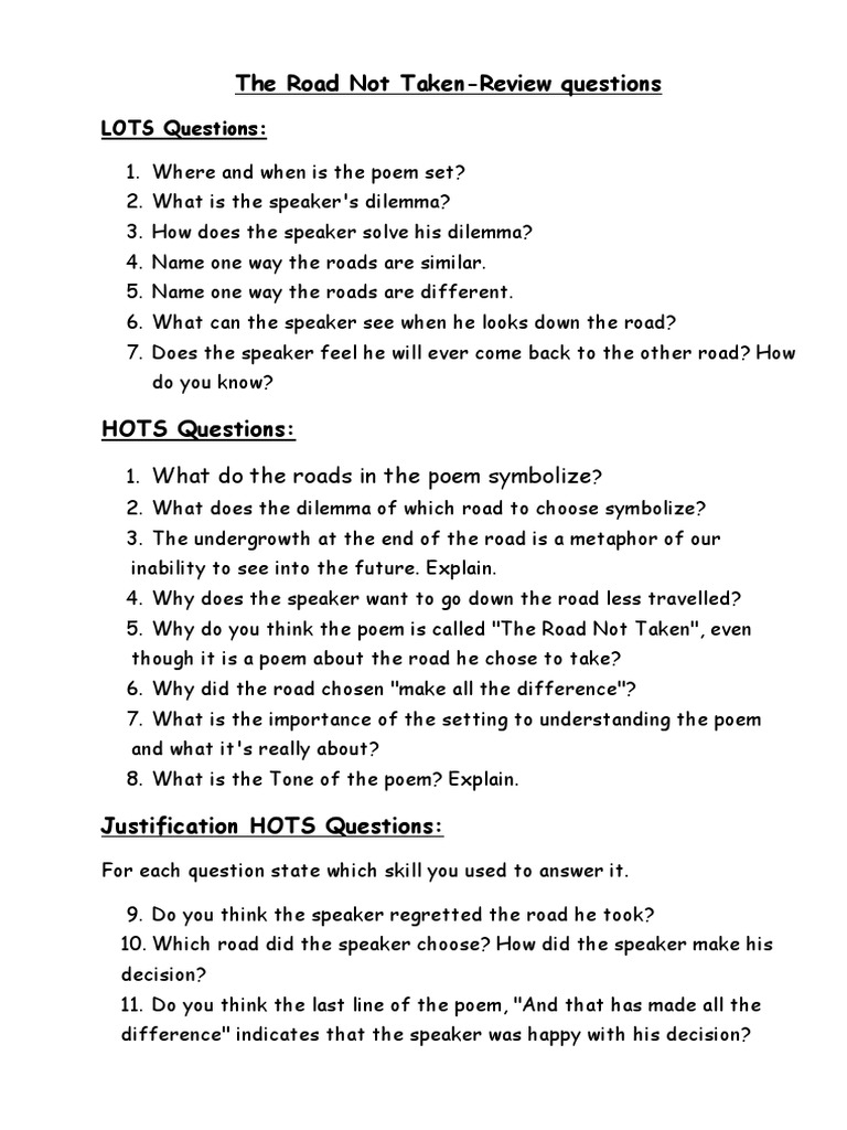The Road Not Taken-Review - Questions | PDF
