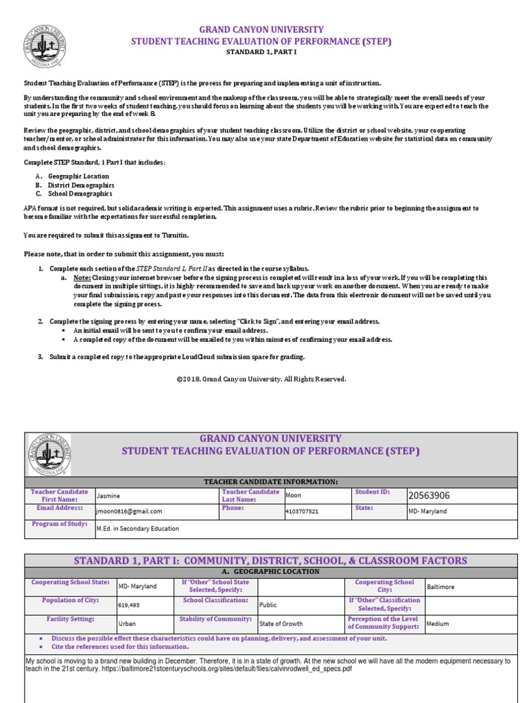 Gcu Student Teaching Evaluation of Performance Step Standard 1 Part I ...