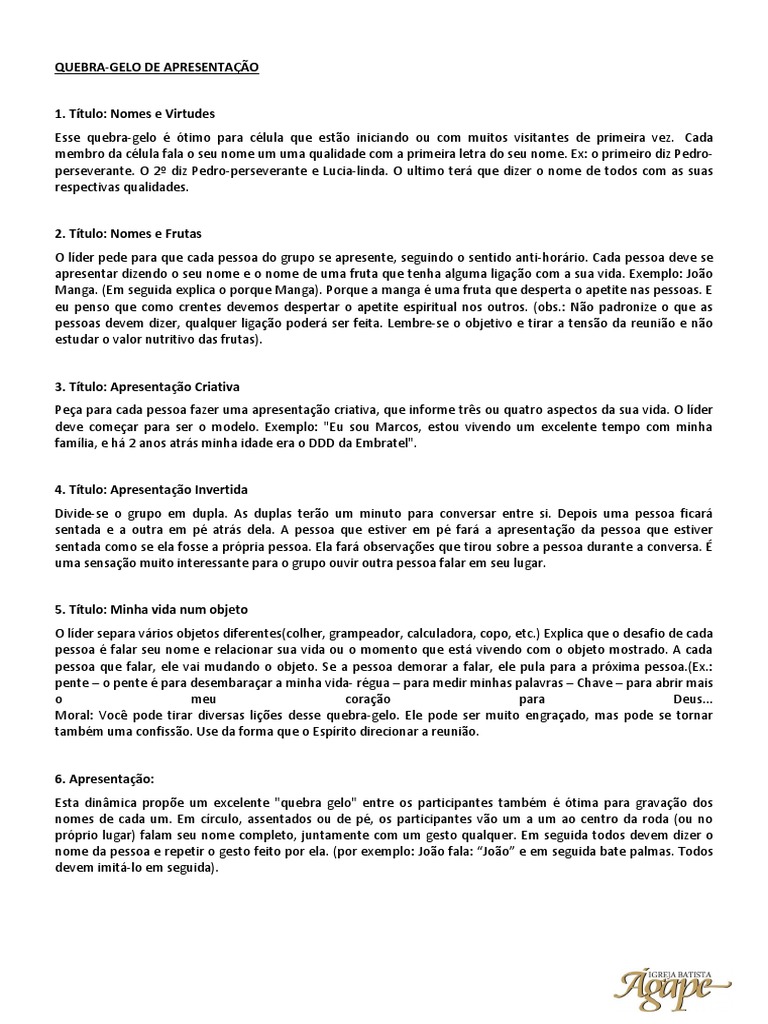 Dinâmicas E Quebra Gelos Para A Célula Pdf Fé Liderança