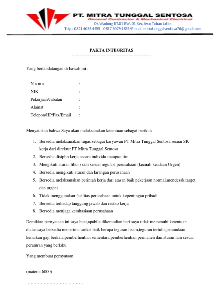 Pakta Integritas Karyawan Baru | PDF