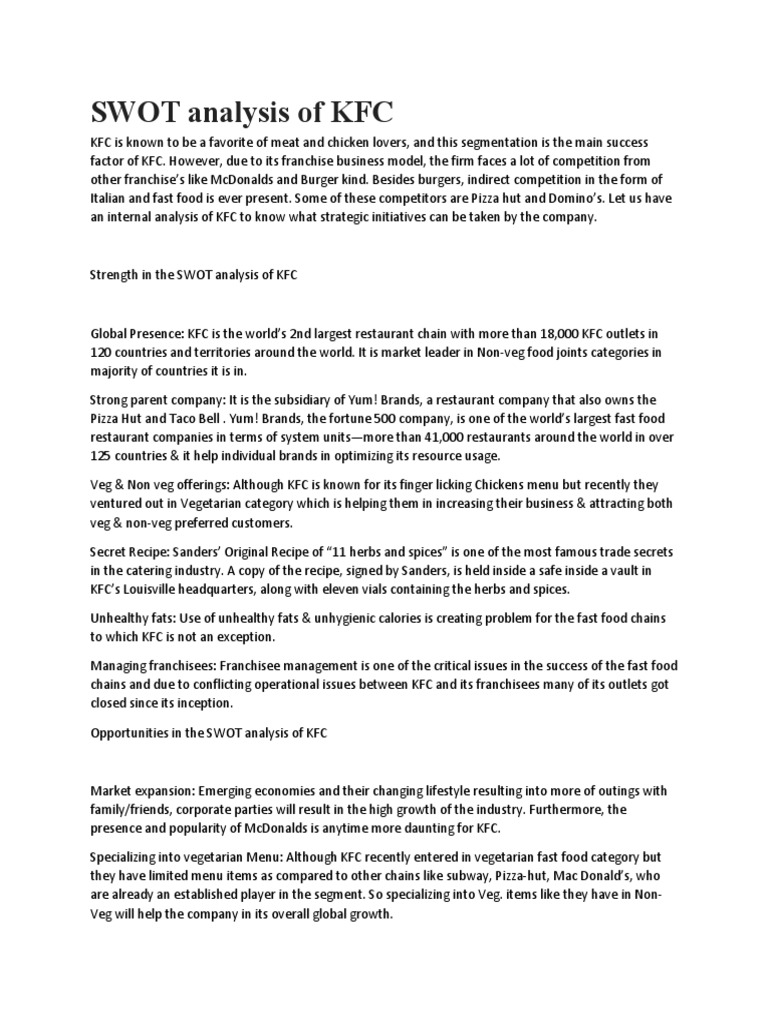 SWOT Analysis of KFC | PDF | Fast Food Restaurants | Fast Food