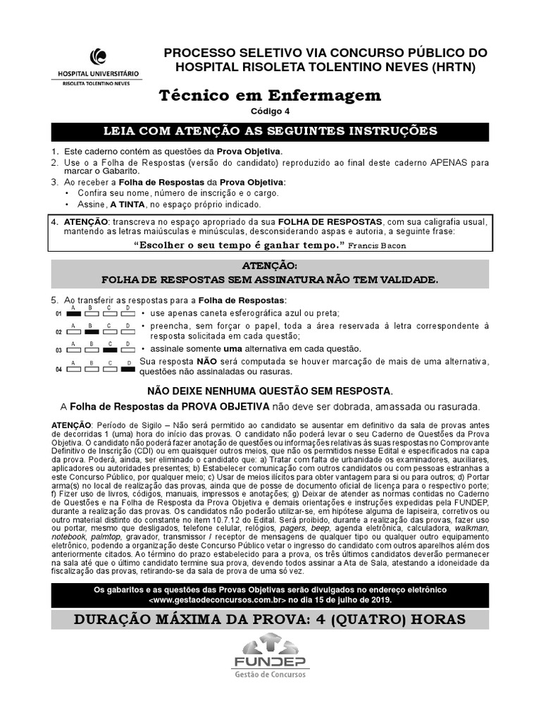 Prova Técnico em Enfermagem | PDF | Bem-estar | Médico