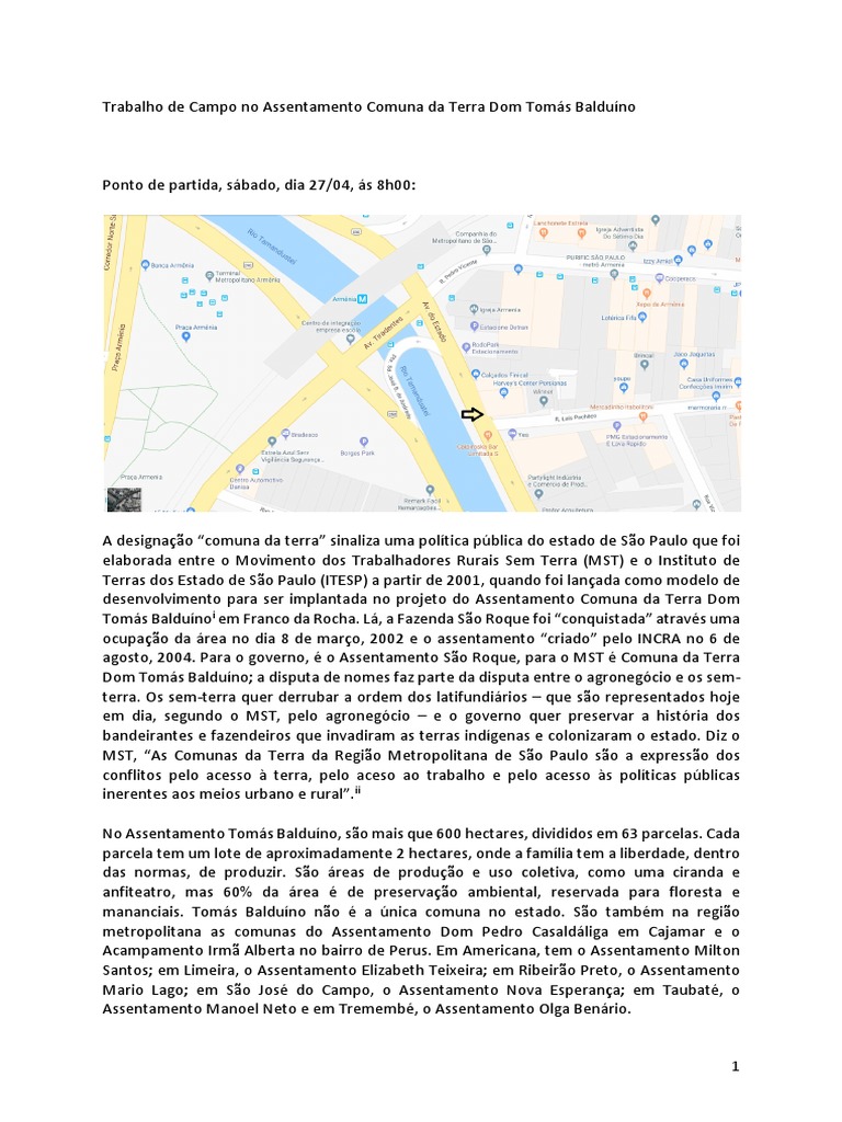 Trabalho de Campo no Assentamento Comuna da Terra Dom Tomás Balduíno: Conhecendo o Processo de ...