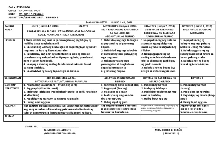 Daily Lesson Log Jun. 4-8, 2018 | PDF