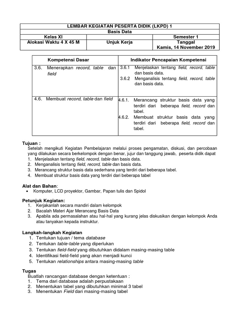 LKPD Basis Data Kelas XI Semester 1 | PDF | Komputer