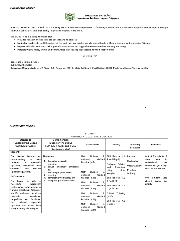MATH Learning-Plan-G9-new | PDF | Trigonometric Functions | Quadratic ...