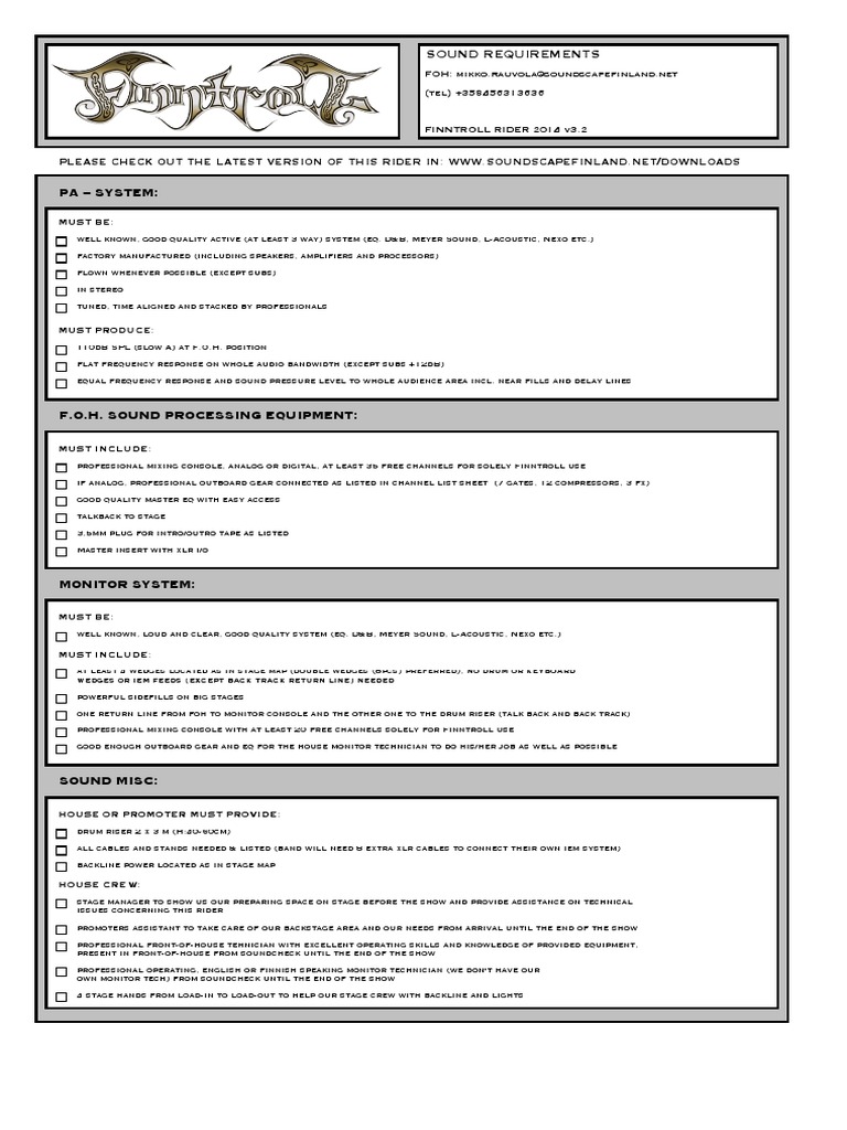Finntroll Sound & Backline Rider Clubs & Festivals 2015 v3.2 PDF | PDF ...