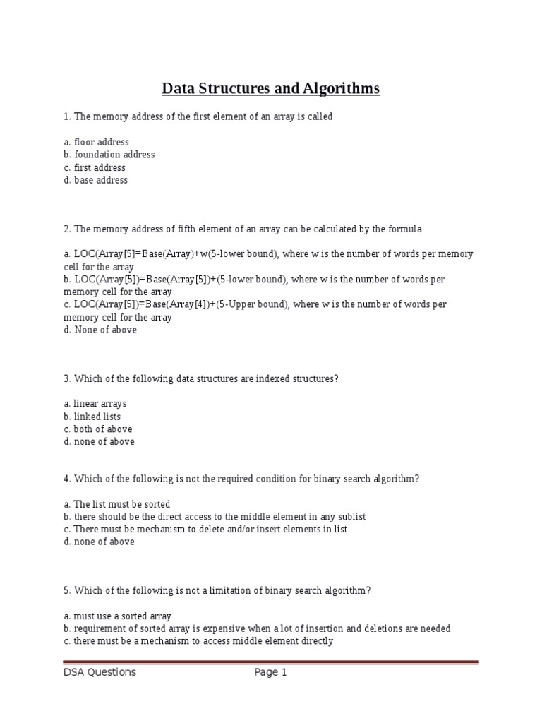 Dsa Questions Pdf Array Data Structure Time Complexity 8357