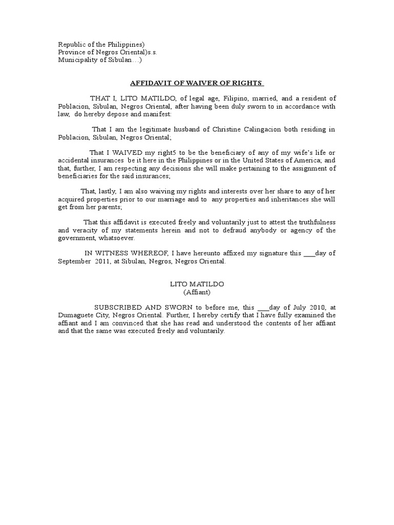 Affidavit of Waiver of Rights (Inheritance To Wife) - Anfone (NEW) | PDF