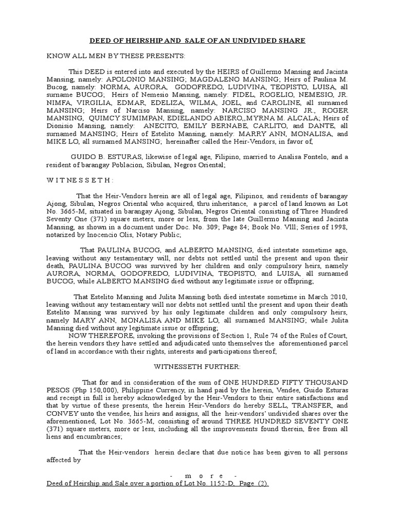 Deed of Heirship and Sale of An Undivided Share - Diputado | PDF ... Deed of Heirship and Sale of An Undivided Share - Diputado | PDF ...