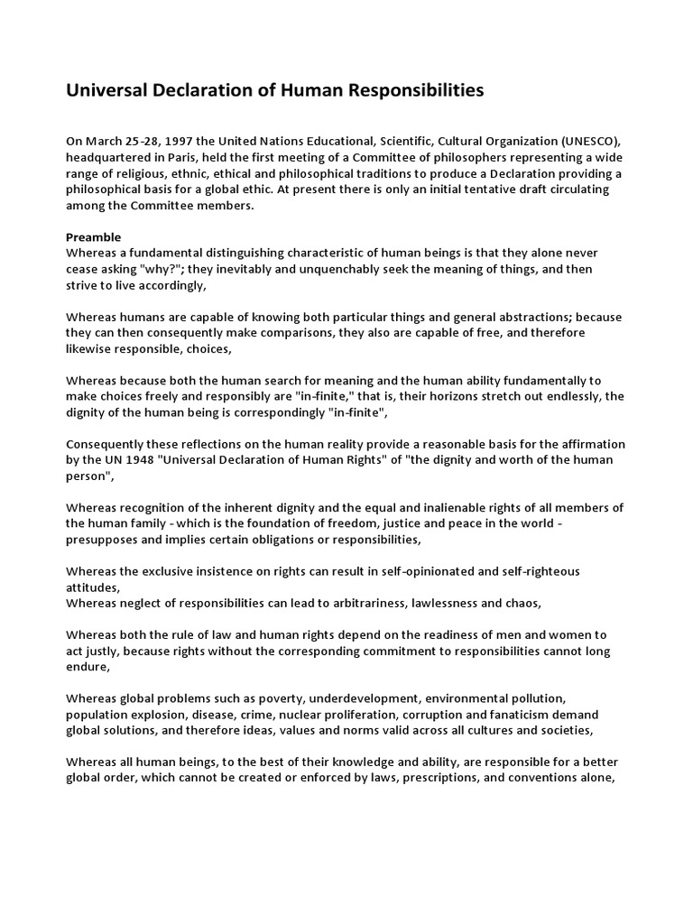Universal Declaration of Human Responsibilities | PDF | Dignity | Rights