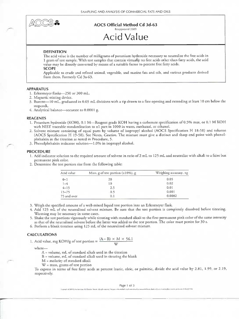 AOCS CD 3d 63 Acid Value PDF