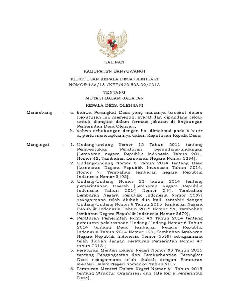 SK Sotk (Susunan Organisasi Dan Tata Kerja) Desa Olehsari 2018 PDF | PDF