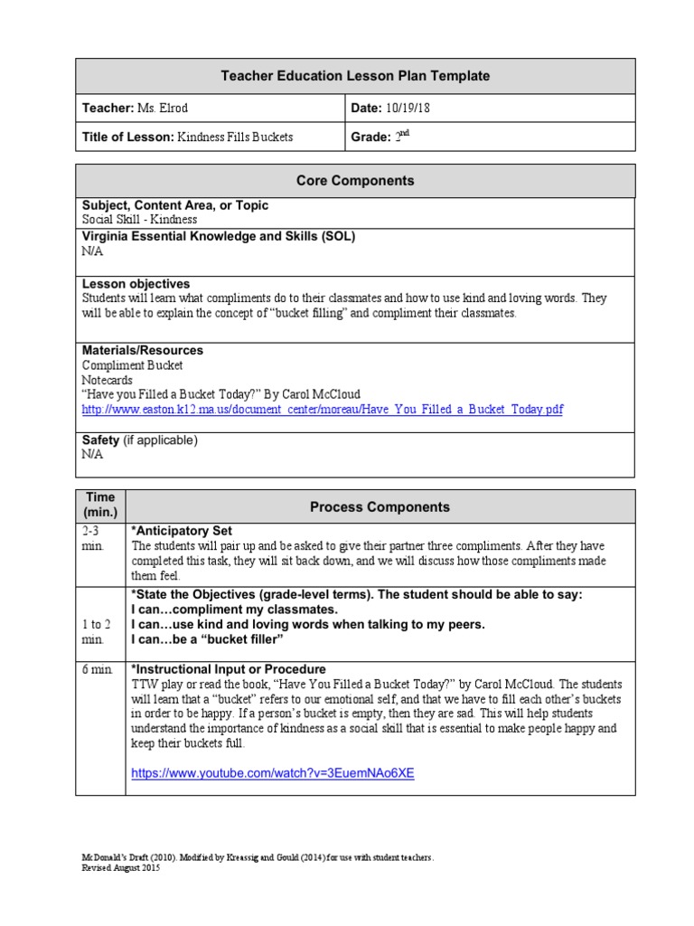 Kindness Fills Buckets Lesson Plan | PDF | Classroom Management ...