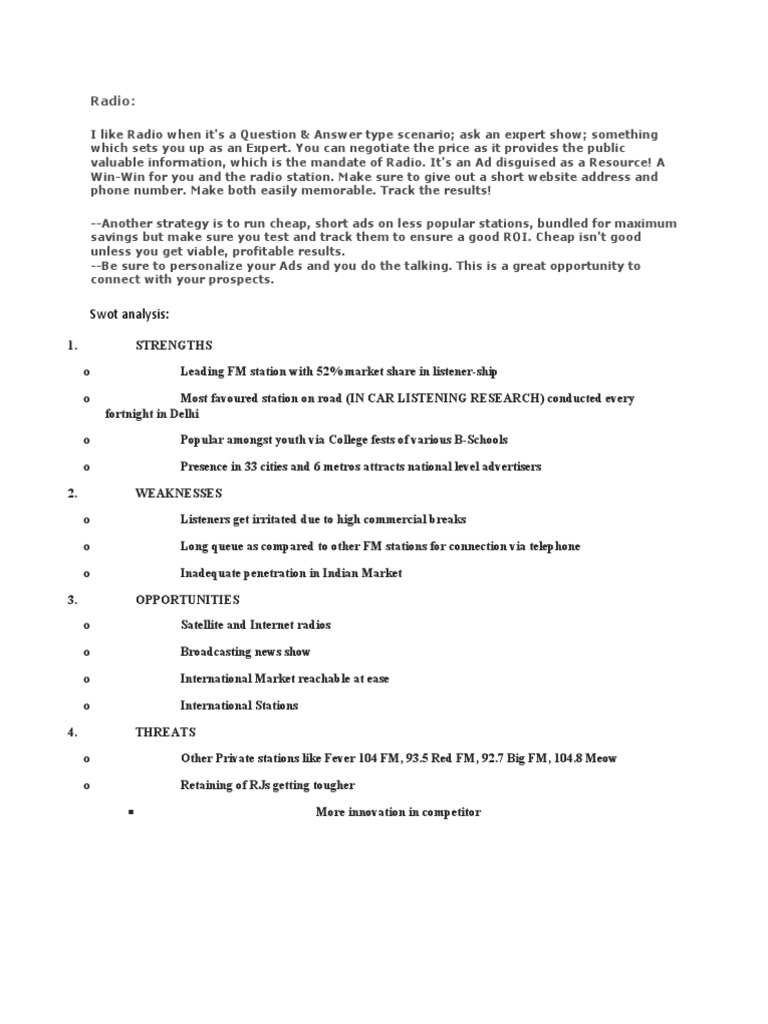 Radio:: Swot Analysis | PDF