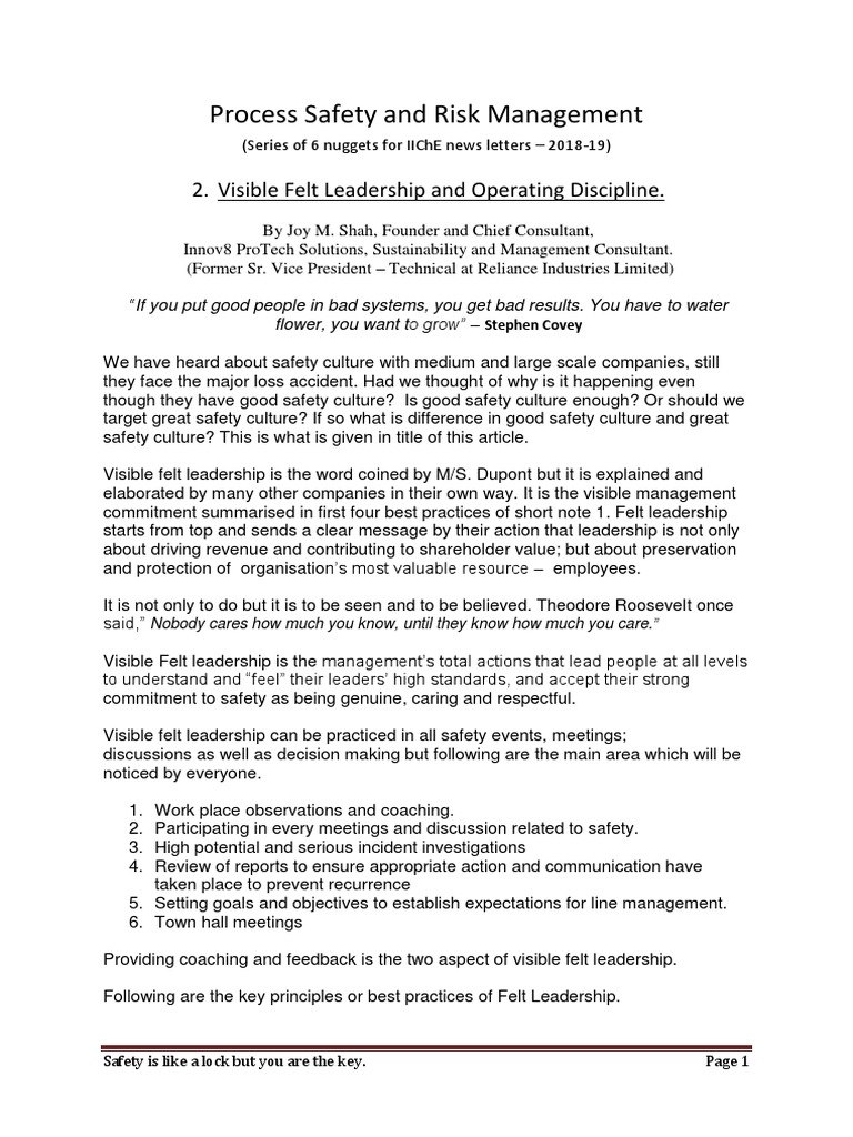 Visible Felt Leadership and Operating Discipline | Leadership | Risk