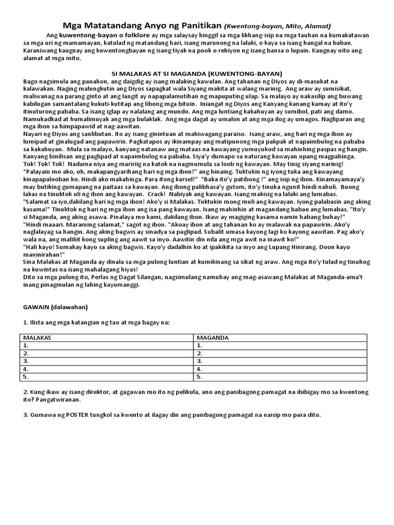 Mga Matatandang Anyo NG Panitikan With Activities | PDF