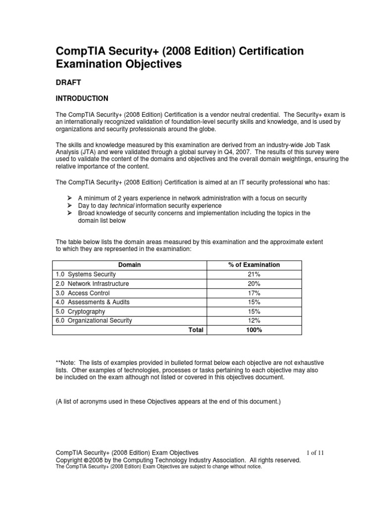 Comptia Security+ (2008 Edition) Certification Examination Objectives | PDF