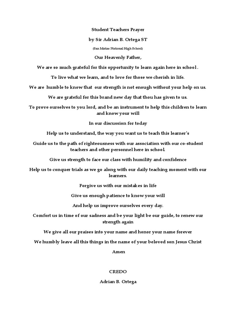 Student Teachers Prayer+CREDO+Educational Philosphy | PDF | Learning ...