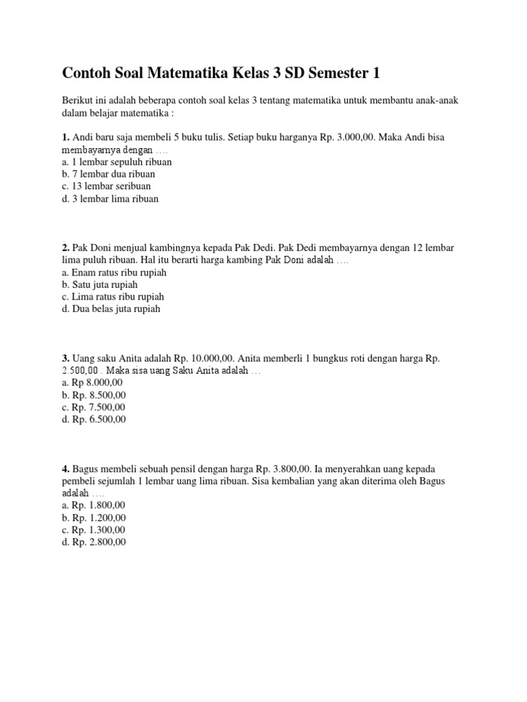 Contoh Soal Matematika Kelas 3 SD Semester 1 | PDF