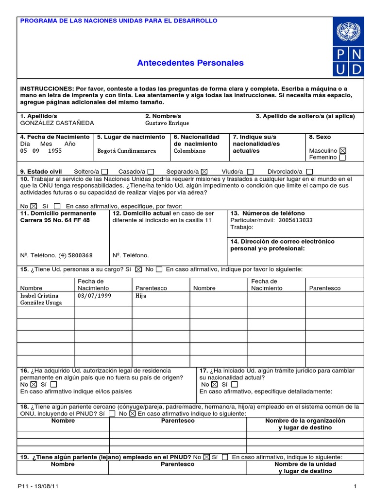 P11 Formato Español Diligenciado Gustavo Gonzalez1 PDF | PDF ...