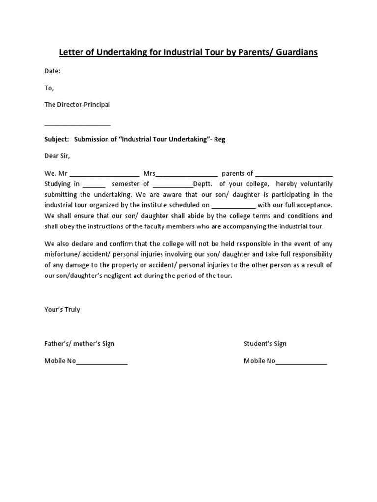Letter of Undertaking For Industrial Tour by Parents & Students | PDF