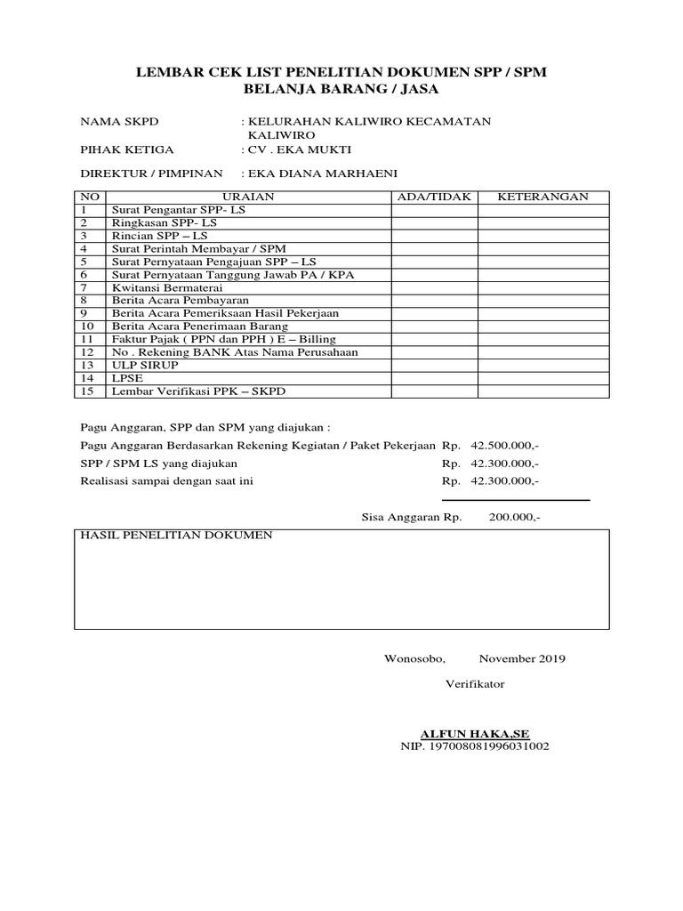 Lembar Cek List Penelitian Dokumen SPP | PDF