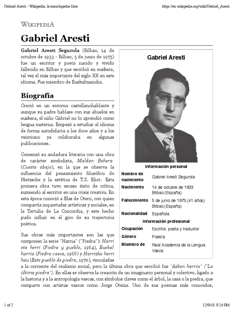 Pueblo de Piedra. Gabriel Aresti - Wikipedia, La Enciclopedia Libre ...