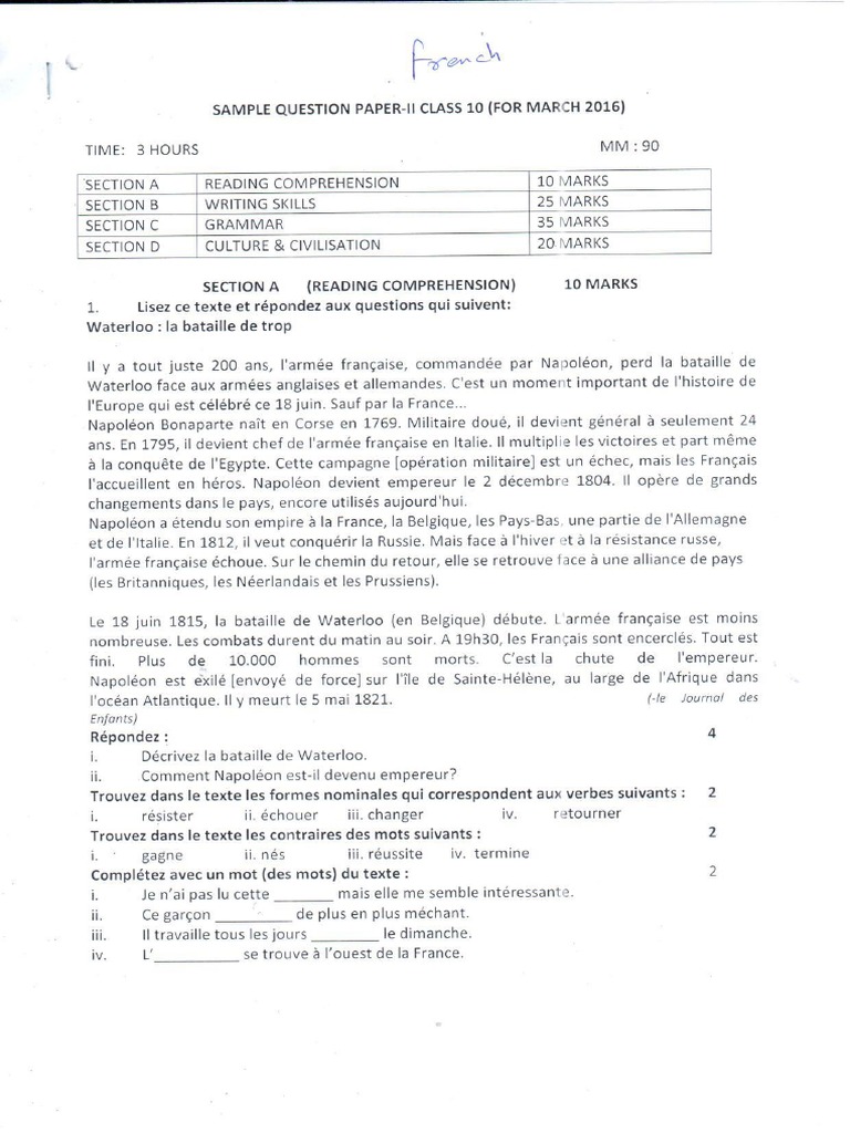 CBSE Class 10 French Question Papers | PDF