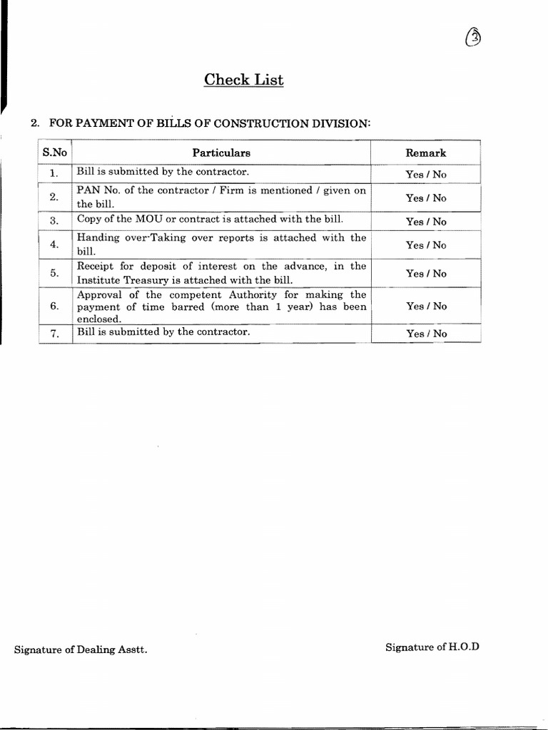 Check List 2 - For Payment of Bills of Construction | PDF