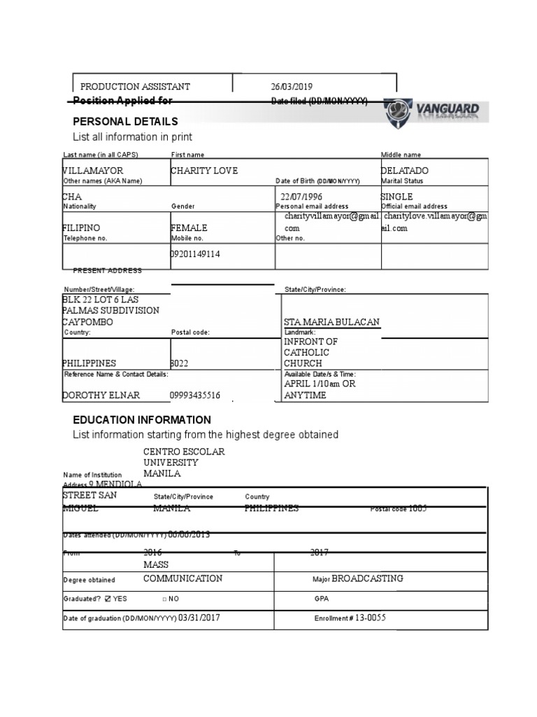 Vanguard - Job Application Form | PDF | Employment | Social Institutions