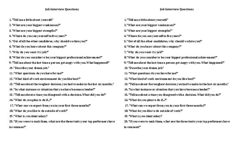 Job Interview Questions | PDF | Job Interview | Behavioural Sciences