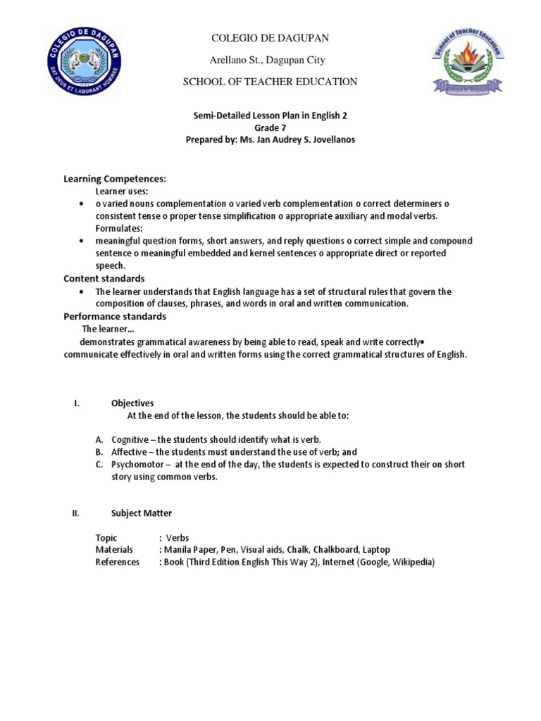 Detailed Lesson Plan (Verb) | PDF | English Language | Verb