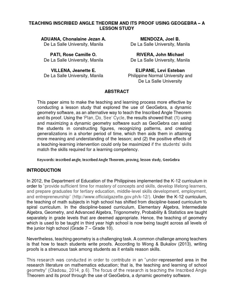 Teaching Inscribed Angle Theorem and Its Proof Using Geogebra A Lesson Study PDF | PDF ...