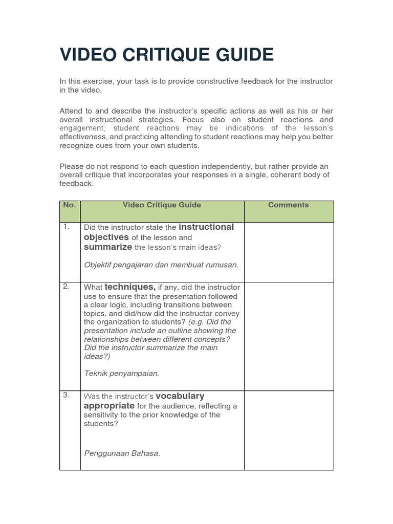 Video Critique Form | PDF | Concept | Attention