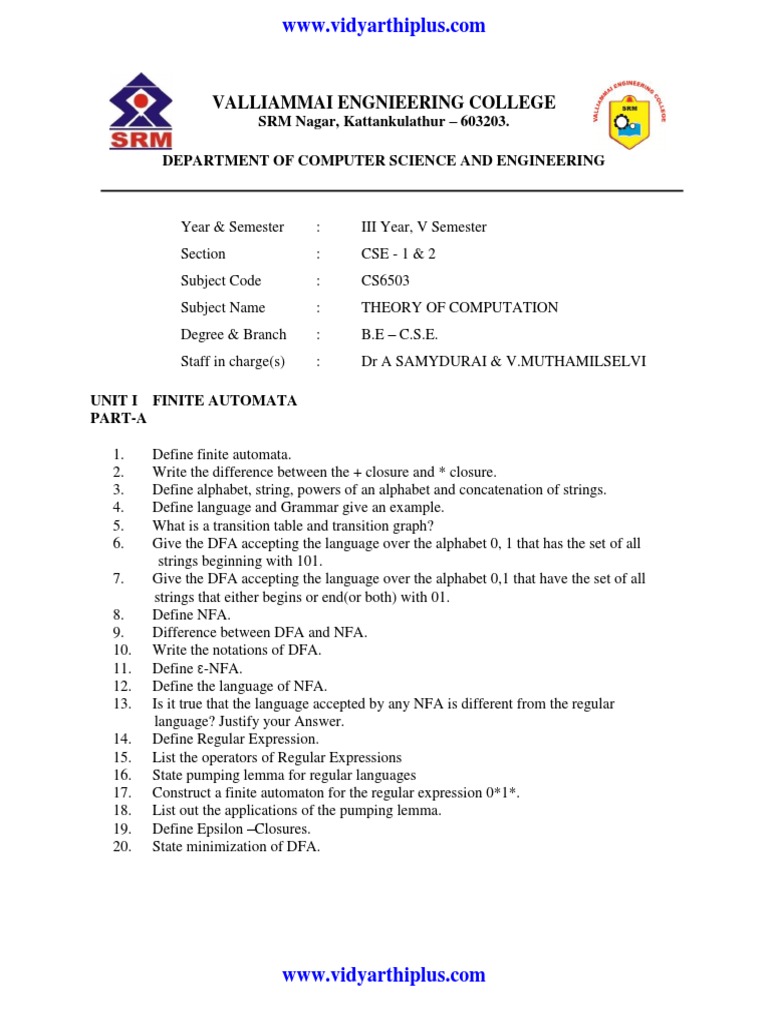 CS6503-Theory of Computation | PDF | Language Mechanics | Linguistics