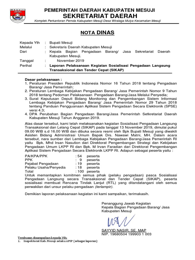 Nota Dinas - Laporan Kegiatan RTL.1 | PDF