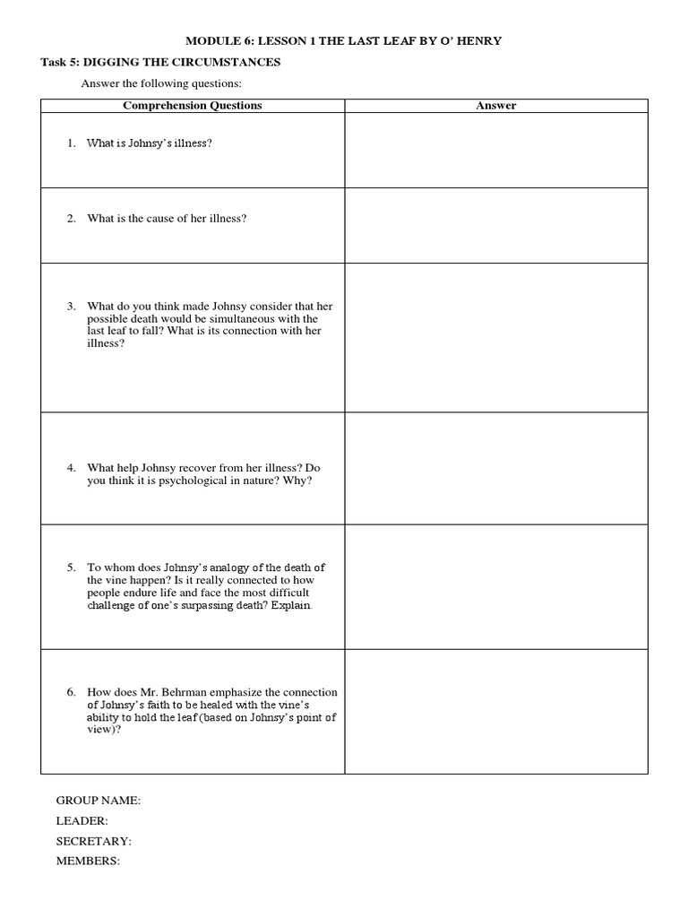 Module 6 Lesson 1: The Last Leaf Analysis | PDF | Nonverbal ...