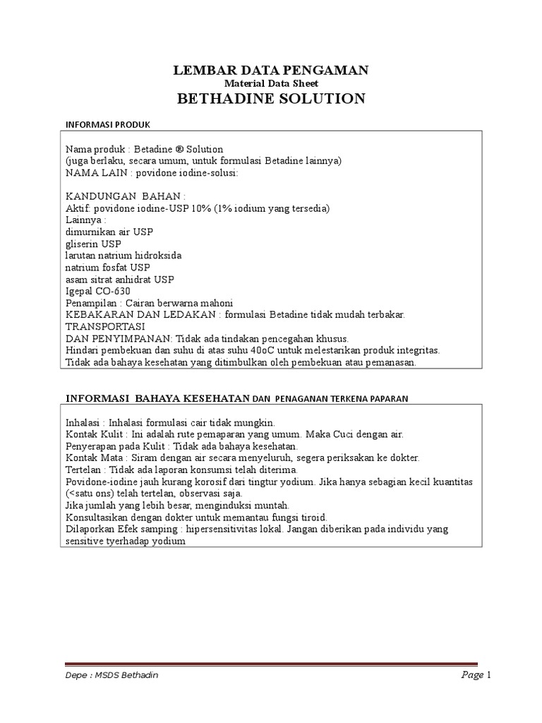 MSDS Betadine Solution dan Informasi Keamanan | PDF | Memasak, Makanan ...