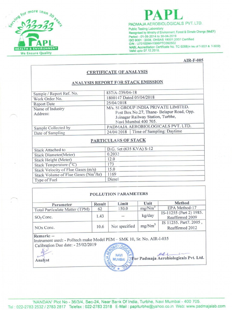 Fire Engine & DG Set Stack Reports PDF | PDF