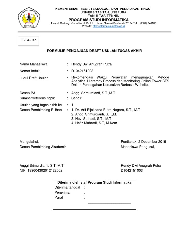 03 - FORMULIR PENGAJUAN DRAFT PROPOSAL TUGAS AKHIR (Rendy) | PDF