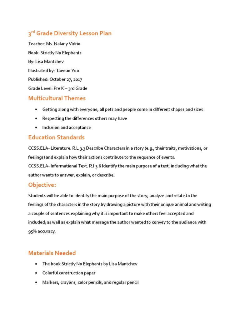 Diversity Lesson Plan: Strictly No Elephants | PDF | Question | Lesson Plan