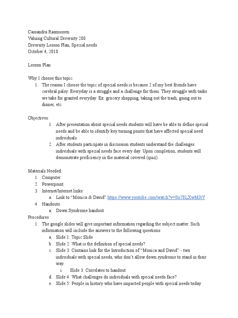 Special Needs Classroom Lesson Plan | PDF | Special Education | Lesson Plan