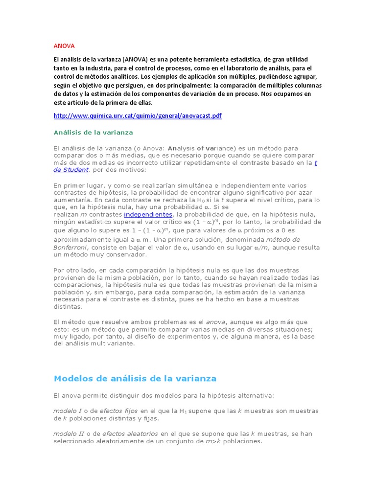 Qué es el ANOVA y sus aplicaciones | PDF | Análisis de variación ...