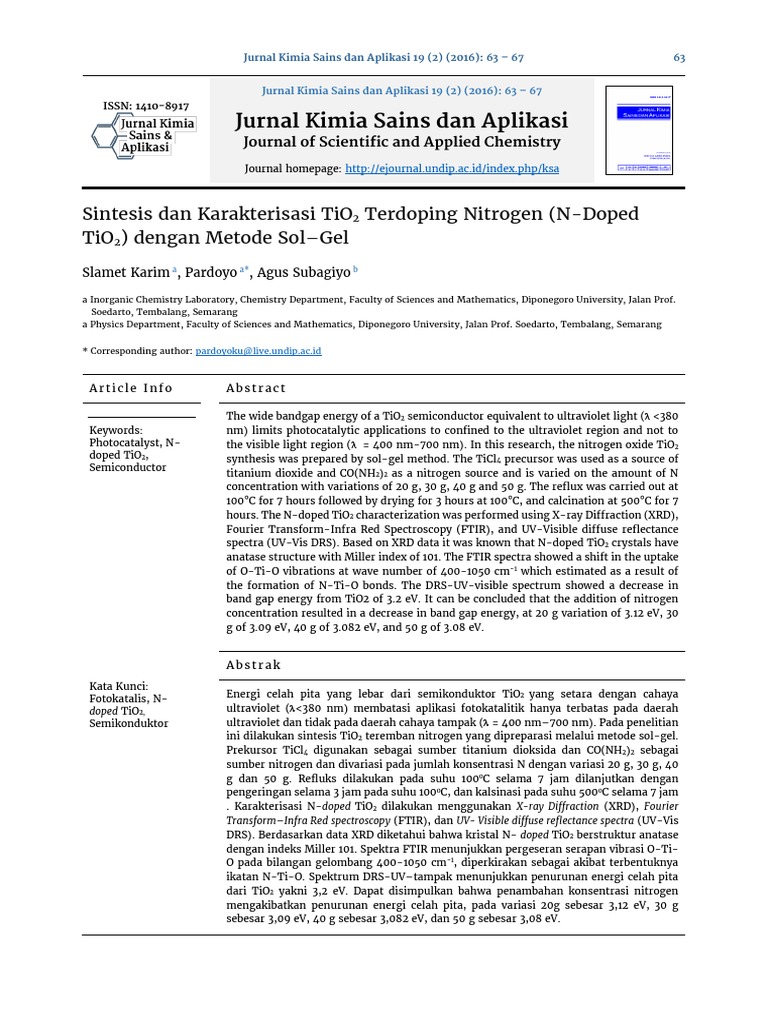 Sintesis Dan Karakterisasi TiO2 Terdoping Nitrogen PDF | PDF | Titanium ...